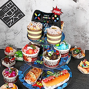 3-Tier Video Game Cupcake Stand Reusable Mini Game Theme Cake Stand Cardboard Gamer Cupcake Holder Stand for Birthday Theme Party Supplies Dessert Stand (Blue, Classic Style)