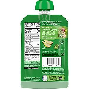 Gerber Organic for Baby 2nd Foods Baby Food Pouch, Pear Spinach, USDA Organic & Non-GMO Pureed Baby Food Pouch for Sitters, 3.5-Ounce Pouch (Pack of 6)