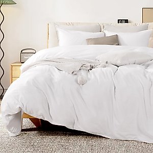 NEXHOME PRO Cotton Duvet Cover Kids Twin Size Linen Look White Organic Natural 100% Washed Cotton Duvet Cover Set 2 Pieces Bedding Set with Zipper Closure and Corner Ties, Breathable(No Comforter)