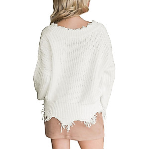 LAMISSCHE Womens Loose Knitted Off The Shoulder Sweater Solid V Neck Long Sleeve Pullover Ripped Crop Top(White,S)