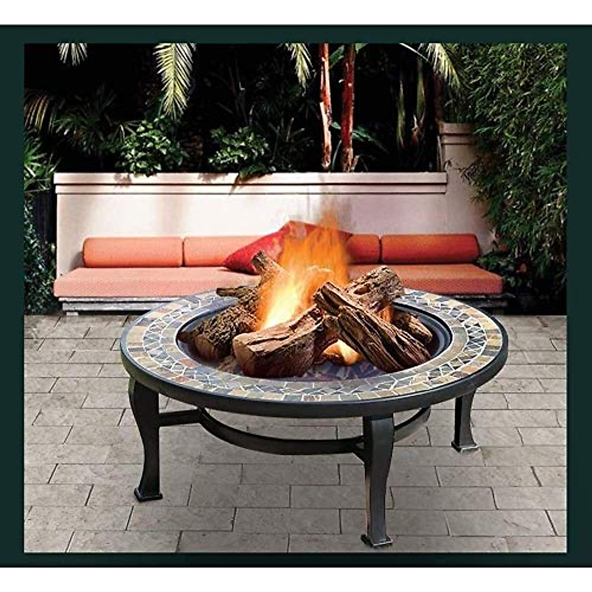 LEAYAN Garden Fire Pit Grill Bowl Grill Barbecue Rack Black Outdoor Fire Pit, Round 34" Natural Slate Top with Spark Screen Cover for Backyard Patio with Cover BBQ Cooking for Camping Backyard
