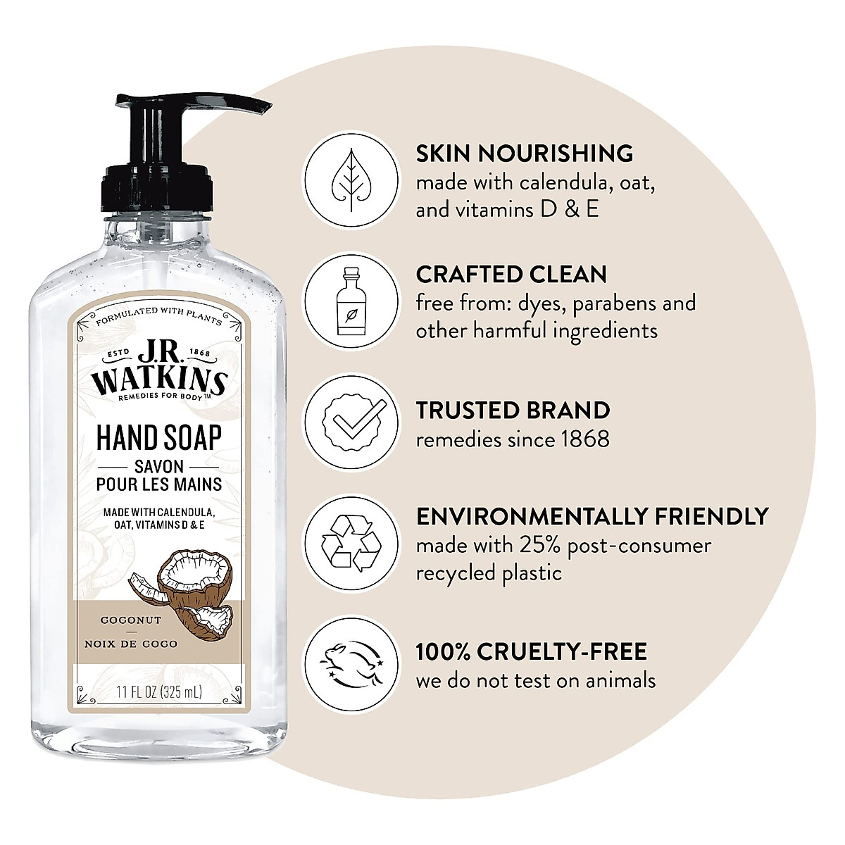 J.R. Watkins Gel Hand Soap, Scented Liquid Hand Wash for Bathroom or Kitchen, USA Made and Cruelty Free, 11 fl oz, Coconut, 6 Pack