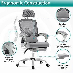 DUMOS Home Office Desk Chair with Footrest, High-Back Mesh Rolling Swivel Reclining Chairs with Wheels, Comfortable Headrest, Lumbar Support, Comfy Arms for Home, Office, Gaming, Student, Grey