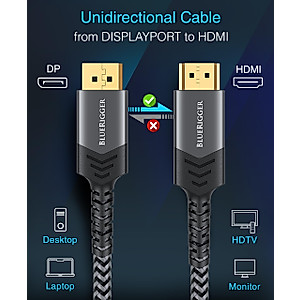 BlueRigger DisplayPort to HDMI 4K 60Hz Cable 15FT - (Uni-Directional, DP to HDMI Cord, HDR, HDCP 2.2, Display to HDMI Male Video Cable) - Compatible with PC, Laptop, HDTV, Monitor, Projector