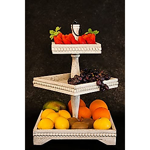 KEFO Three Tiered Beaded Tray Decor Stand - 12 x 18 Inch Large White Wooden 3 Tiered Tray Stand - Decorative Rustic Distressed 3 Tier Tray Decor Table Centerpiece - Tiered Serving Tray for Home Decor