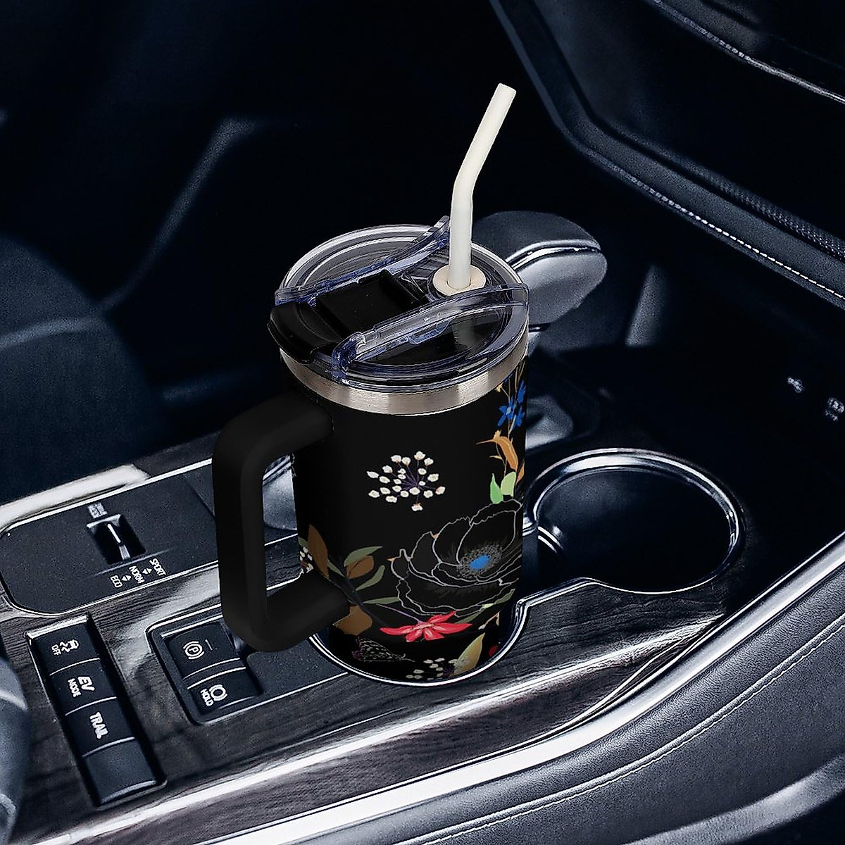 40oz Insulated Tumbler with Handle & Straw Stainless Steel Vacuum Sealed Water Bottle Leakproof Travel Mug for Car, Outdoor & Home BPA-Free Double Wall Cold Hot Beverage Thermos Flower