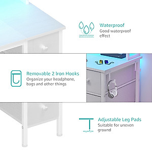 Lufeiya White Computer Desk with Fabric Drawers & Storage Shelves, 47 inch Home Office Desk with Monitor Stand, Gaming Desk with LED Lights and Power Outlets, White