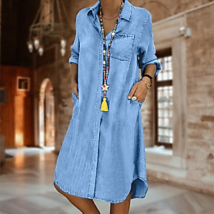 JUXINPIJU Denim Dress for Women with Pockets Short Sleeve Loose Babydoll Denim Shirt Dresses for Women