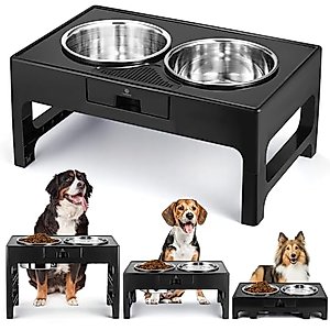 Lapensa Elevated Dog Bowls, Stainless Steel Raised Dog Bowl with Adjustable Stand, Double Dog Food and Water Bowl for Medium Large Dogs, 3 Heights 3.9”, 7.8”, 11.8”,(Black)
