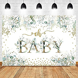 Mocsicka Greenery Baby Shower Backdrop Oh Baby Green Eucalyptus Leaves Baby in Bloom Party Decorations Gold Glitter Dots Boy Baby Shower Photography Backdrops (7x5ft)