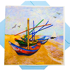 GREENHANDSHAKE Van Gogh Fishing Boats on the Beach (1888) Quilling Art Greeting Card,Design Greeting Card for Birthday, Valentine's Day, Get Well, All Occasion. Framable Artwork for Art Lovers