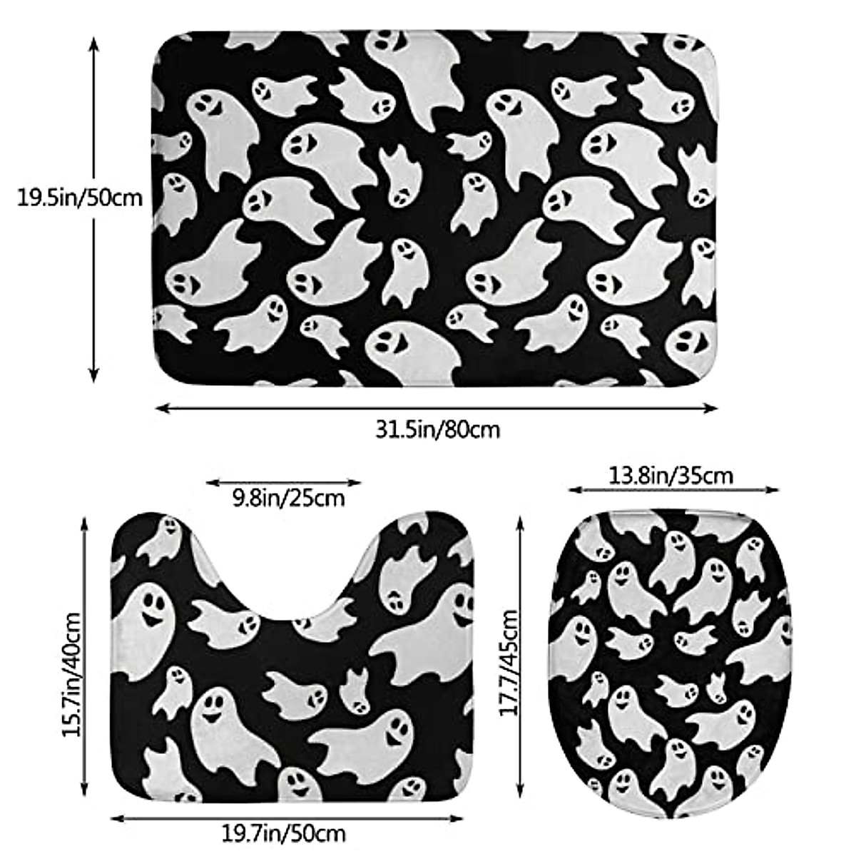 Delumie Fall Decor Halloween Abstract Spooky Ghost Bathroom Rugs and Mats Sets Halloween 3 Piece Non-Slip Bathroom Rugs Set Living Room Antiskid Pads Bath Mat + Contour + Toilet Lid Cover