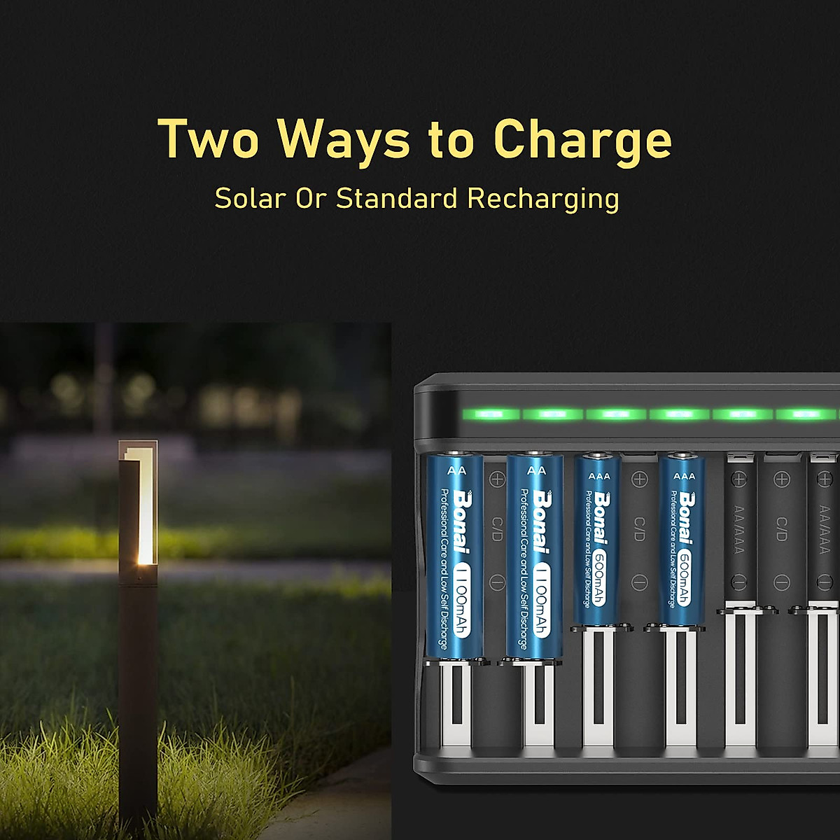 BONAI AA Rechargeable Batteries, High Capacity 1100mAh NiMH Battery for Outdoor Solar Lights 1.2V Pre Charged Double-A Batteries (AA 20 Pack)