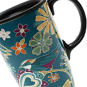 Topadorn Coffee Ceramic Mug Porcelain Latte Tea Cup With Lid 17oz. Floral Symphony, Green Bird