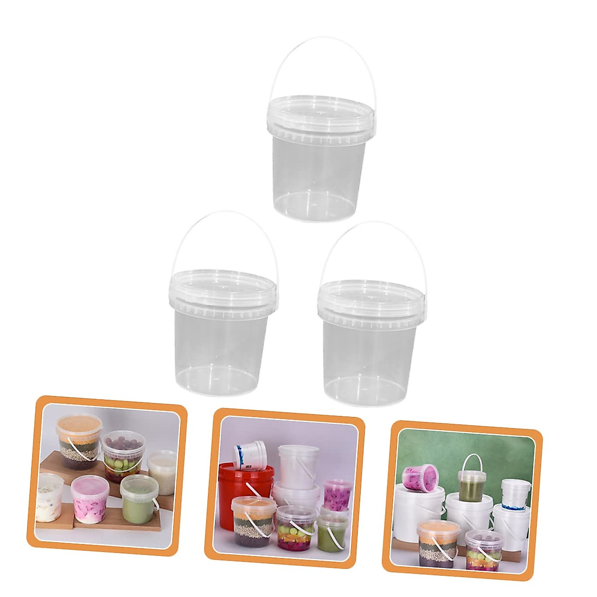DOITOOL 3Pack Clear Plastic Bucket with Lid and Handle (1L) Ice Cream Tub with Lids, Food Grade Round Plastic Pail Container with Lid, Freezer Food Storage Containers