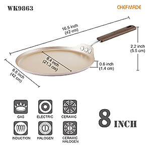 CHEFMADE Crepe Pan with Bamboo Spreader, 8-Inch Non-Stick Pancake Pan with Insulating Silicone Handle for Gas, Induction, Electric Cooker (Champagne Gold)