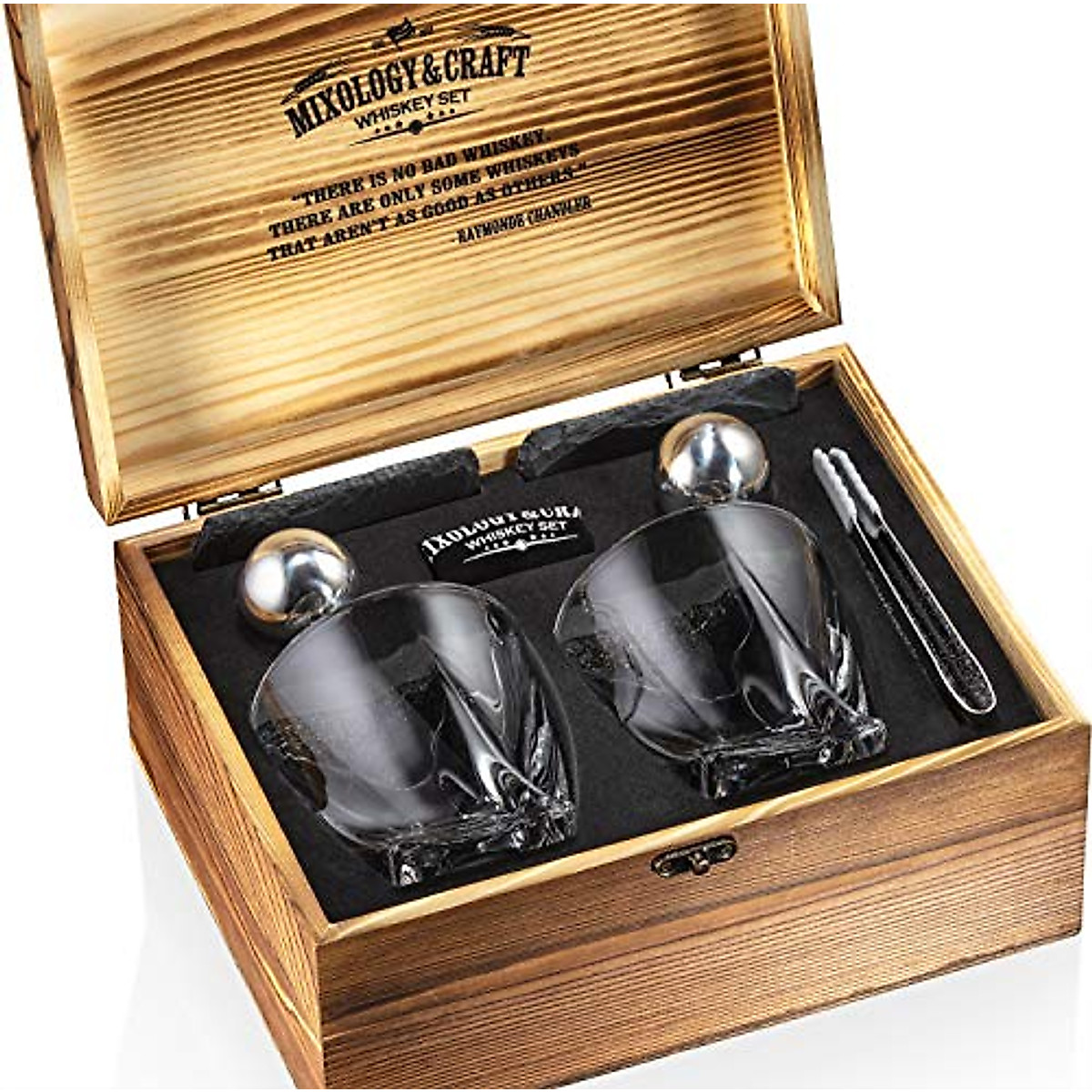 Mixology Glass & Whiskey Stones Set – Two 10oz Glasses w/ 2 Stainless Steel Balls Wooden Box - Bourbon Gifts for Men, Dad, Husband, Boyfriend, Groomsmen, Birthday Ideas﻿