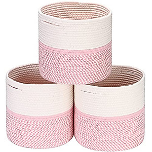 Sea Team 3-Pack Cotton Rope Basket with Handles, Woven Shelf Basket Set, Nursery Storage Bins, Kid’s Room Organizer for Toys, Clothes, 11 x 11 x 11 Inches, Mix Pink