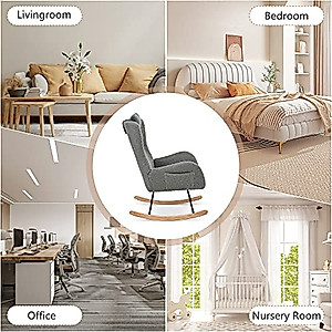 BOSTANA Rocking Chair Nursery,Wood Teddy Upholstered Rocker Chair with Adjustable High Backrest,Soft Armrests and Movable Headrest, Accent Glider Armchair for Living Room, Bedroom,Lounge (Gray)