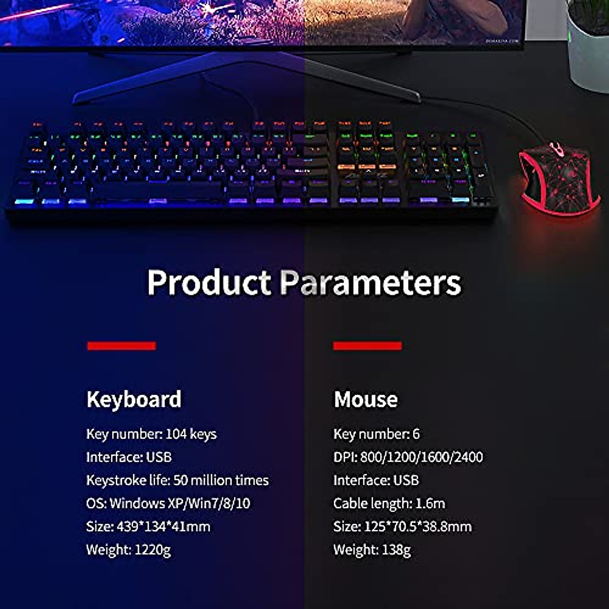 summina Mechanical Keyboard Combo USB Wired Gaming Keyboard Set 104 Keys Mixed Light Keyboard with Blue Switch