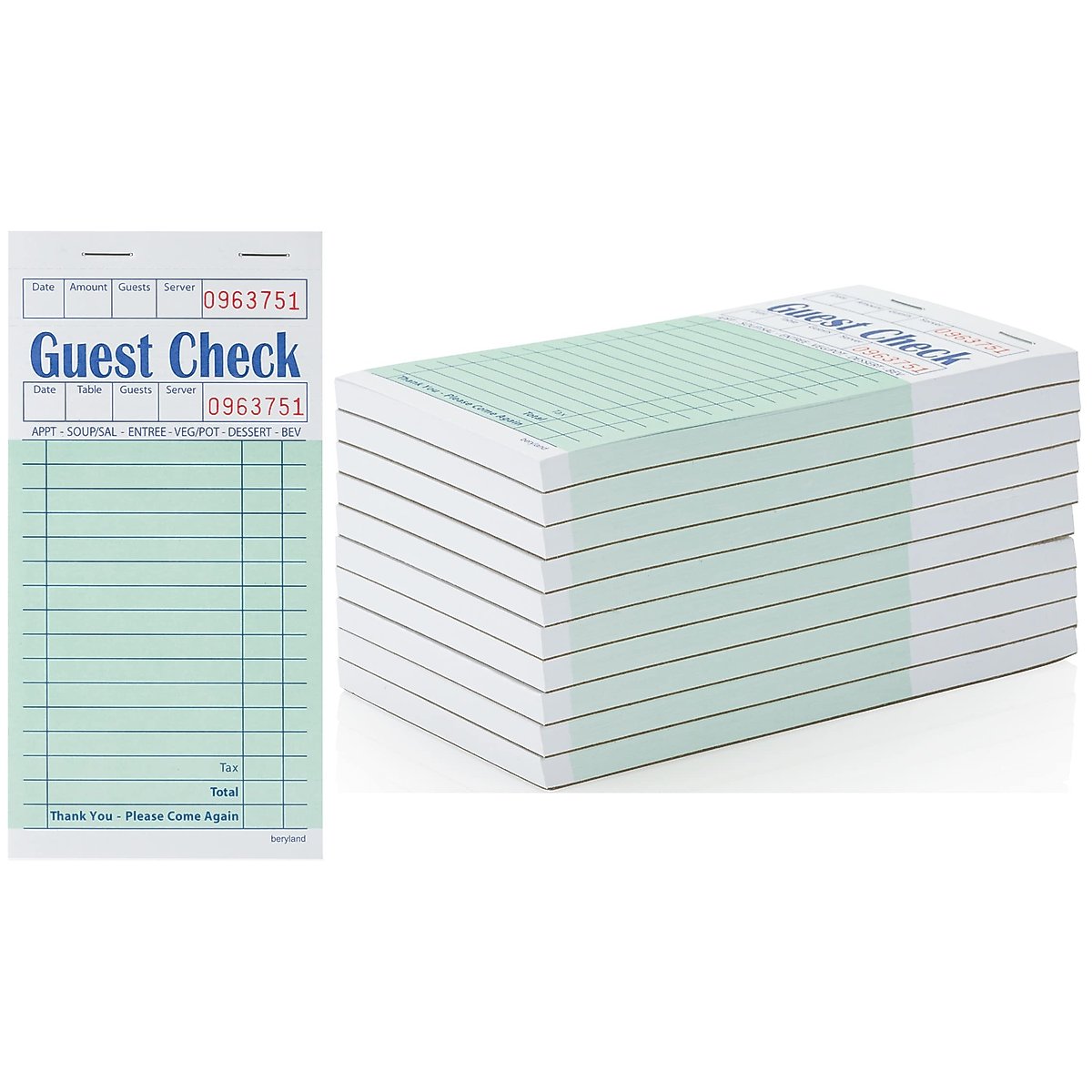 BERYLAND Server Note Pads - Guest Checks - Waitress Notepad, Double Sided, Pack of 10 Pads of 50 Sheets