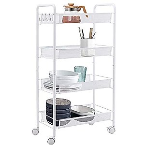 Rolling Storage Cart 4-Tier Metal Mesh Basket Shelves Kitchen Organizer with Wheels(White)