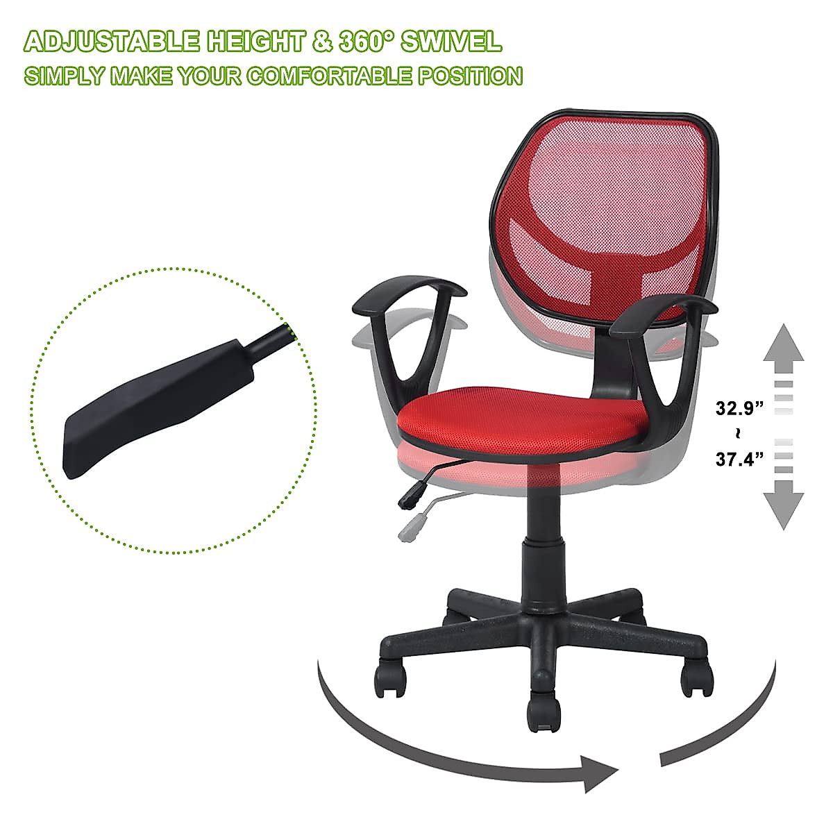 Geniqua Red Mesh Office Chair Ergonomic Back Support Mid-Back Home Computer Chair Swivel Adjustable Task Chair, for Home Office