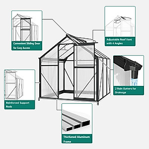 GarveeLife 6x8 FT Outdoor Greenhouse, Polycarbonate Green Houses for Outside, Heavy Duty Large Walk in Green House for Plants with Aluminum Frame, Roof Vent, Rain Gutters for Garden Backyard