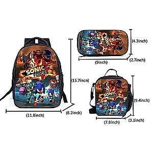 IKBAGVBK Anime Super 3 Piece Kids Backpack Set，Superhero Knuckles Boys Girls Study Schoolbag，Hedgehog Bookbag with Lunch Box & Pencil Case Combo Set