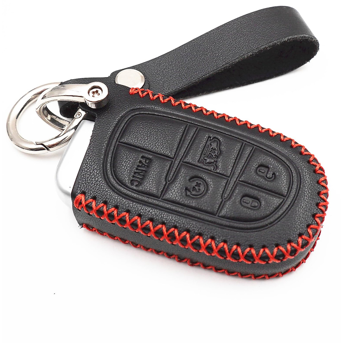 WFMJ Black Leather for Jeep Grand Cherokee Dodge Charger Challenger Dart Durango Journey Chrysler 300 5 Buttons Smart Remote Key Fob Case Cover Chain (type1)