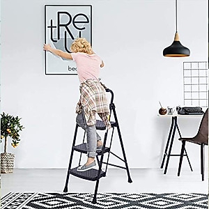 3 Step Ladder, Folding Step Stool with Wide Anti-Slip Pedal, Lightweight 500lbs Step Ladder 3 Step Folding, 3 Step Ladder Folding Step Stool for Adults, Portable Kitchen Step Stool Black