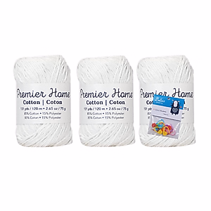 Premier Home Cotton Yarn 3-Pack - 2.65 Oz - Medium 4 - Bundle with Bella's Crafts Stitch Markers (White)