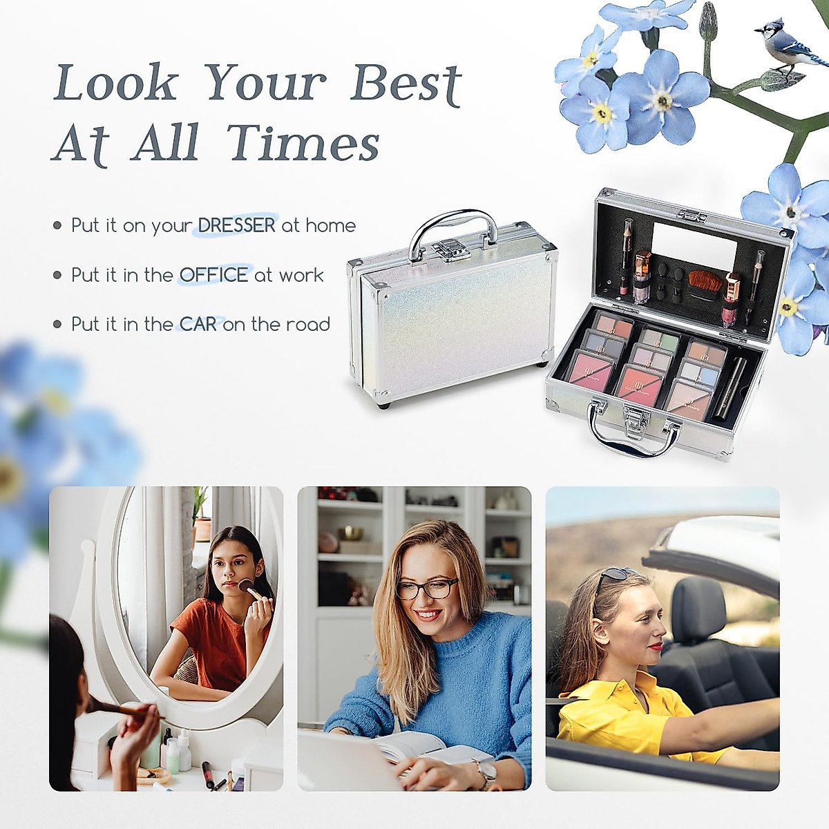 Color Nymph Beginner Makeup Kits For Teens With Train Case Included Full Makeup Kit Eyeshadow Palette Blushes Bronzer Highlighter Lipstick Brushes Mirror (Silver)