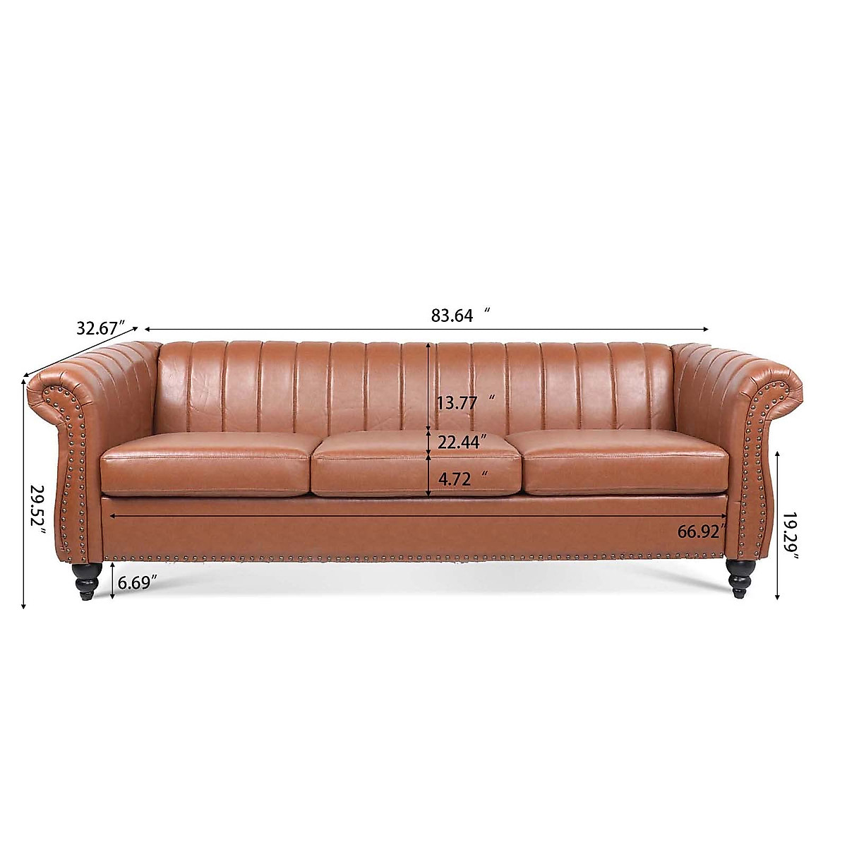 TMEOSK 84" PU Leather Sofa Couch, Mid-Century Modern Chesterfield Three Seater Sofa, Loveseat Sofa with Rolled Arm for Living Room, Dorm, Office (Brown)