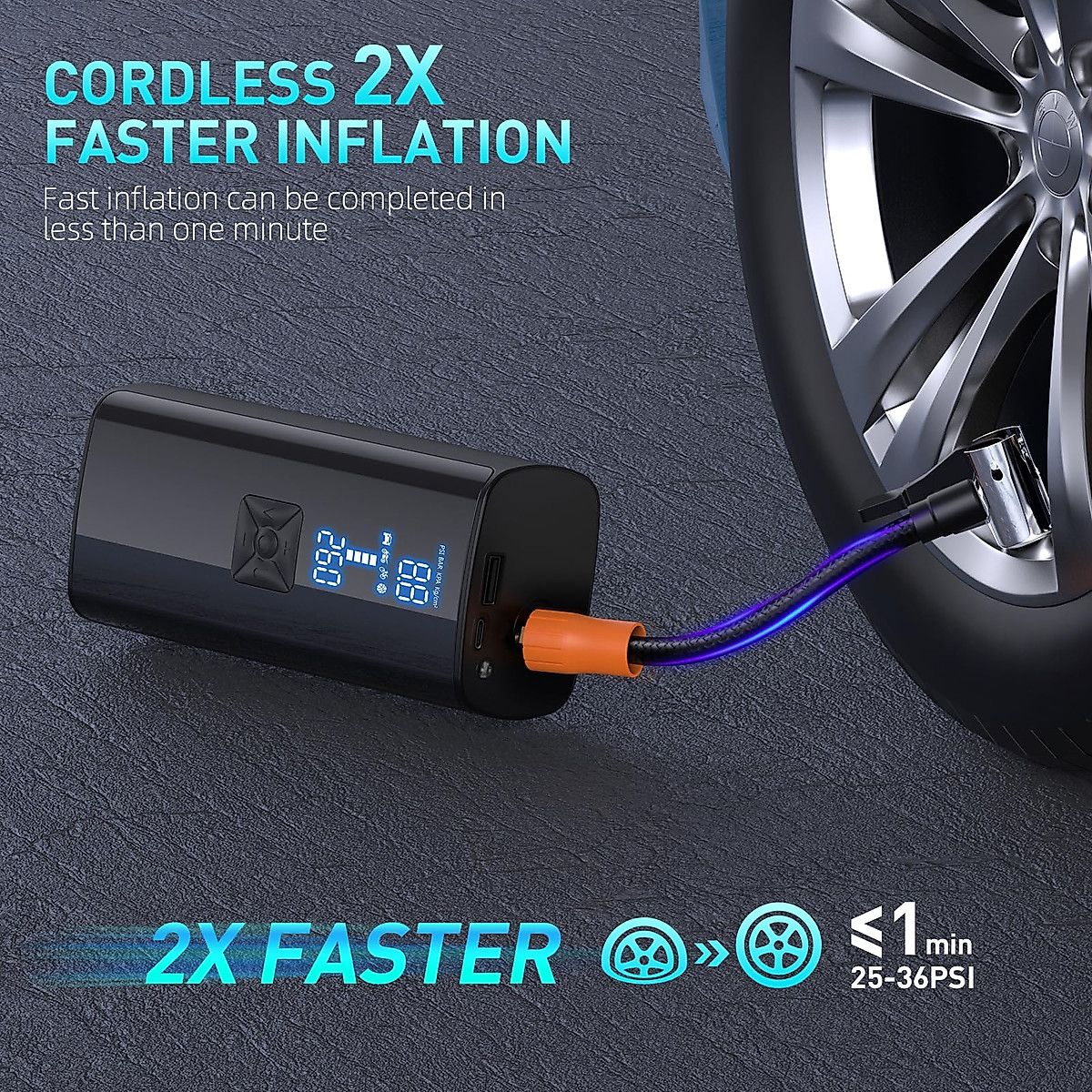 Tire Inflator Portable Air Compressor, 150PSI Portable Air Pump for Car Tires with 25000mAh Battery, 2X Faster Inflation Air Compressor with Digital Pressure Gauge for Car, Bike, Motorcycle, Ball