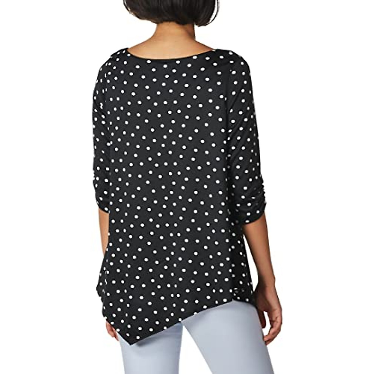 Star Vixen Women's Plus-Size Hanky Hem Top, Elbow Sleeve with Cinch Detail, Black/White dot, 3X