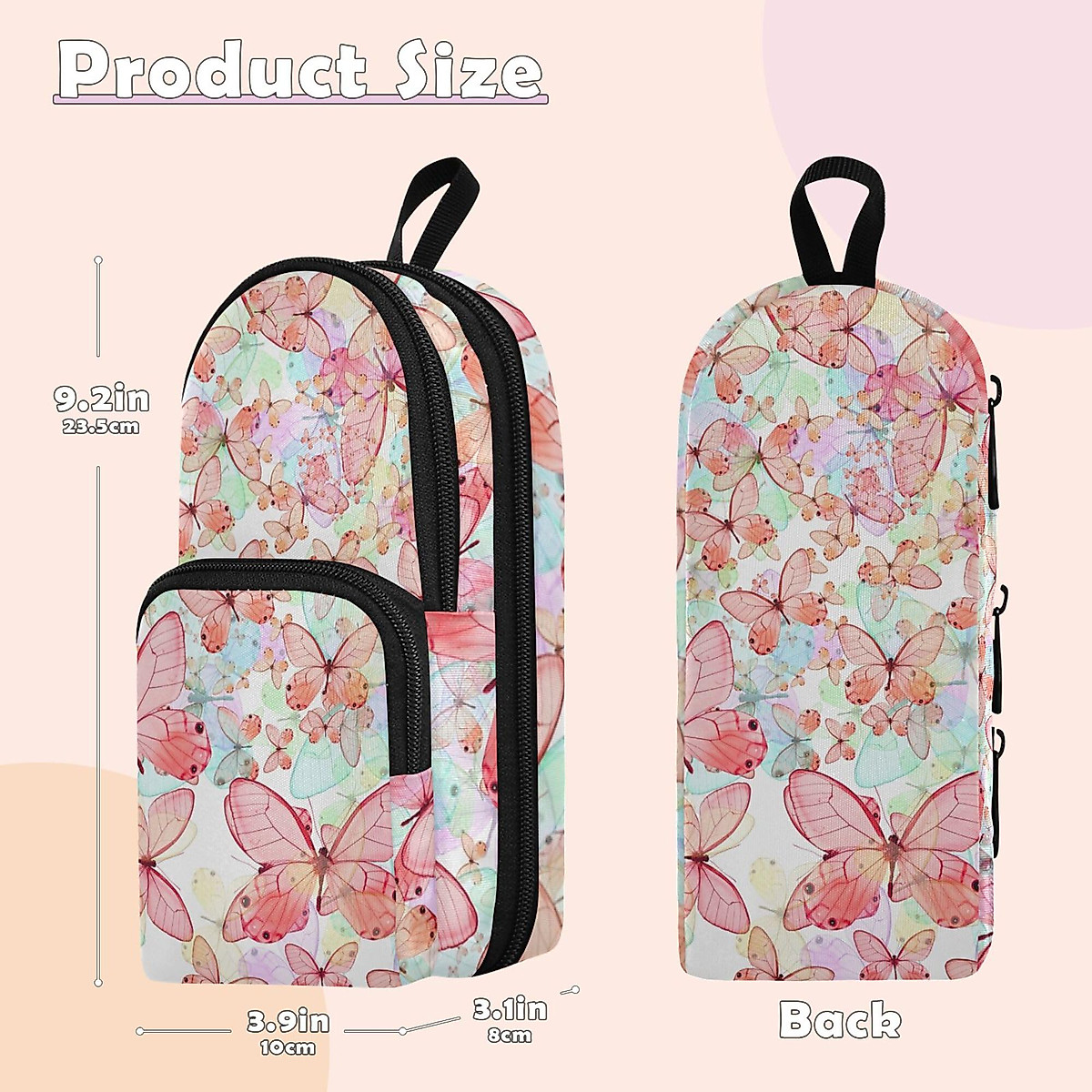 Sletend Big Capacity Pencil Bag Butterfly 3 Compartment Pouch Pen Bag Print Pencil Pen Case