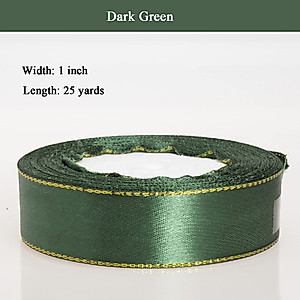 YASEO 25 Yards 1 Inch Dark Green Satin Ribbon with Gold Edges, Gold Border Fabric Ribbons for Gift Wrapping and Crafts