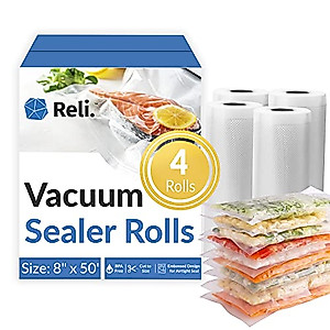 Reli. Vacuum Sealer Bags - 4 Rolls of 8"x50' | 4 Rolls Bulk - 200ft Total | Vacuum Sealer Rolls 8inx50ft for Food | BPA Free, Cut to Size | Vacuum Sealer Bags for Food, Sous Vide, Storage/Prep | Clear