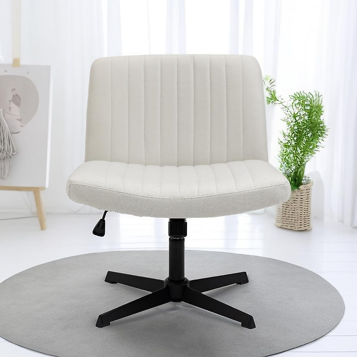 PEFEK Criss Cross Chair Armless Home Office Computer Chair No Wheels PU Leather Vanity Desk Task Chair Adjustable Swivel Ergonomic Living Room Chairs with Padded Backrest & Thickened Cushion (Beige)