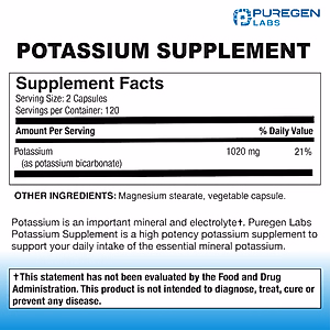 Puregen Labs Potassium Bicarbonate Supplement 1020 mg | Non-GMO | Gluten Free | Made in USA | 240 Vegetarian Capsules