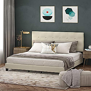 Furinno Laval Button Tufted Upholstered Platform Bed Frame, King, Linen