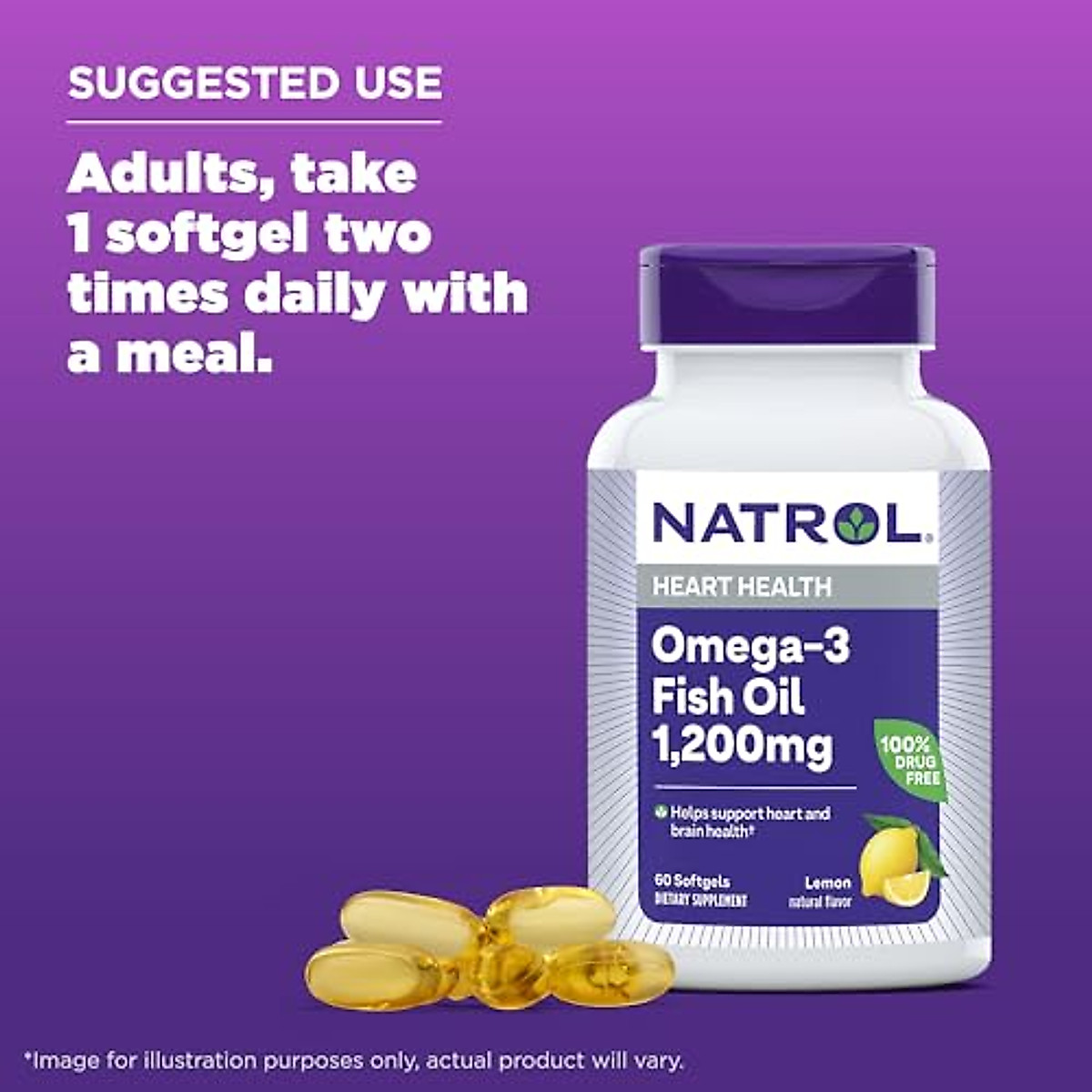 Natrol, Omega-3 Fish Oil Softgels, Heart Health Dietary Supplement, 1200 mg, 60 Count