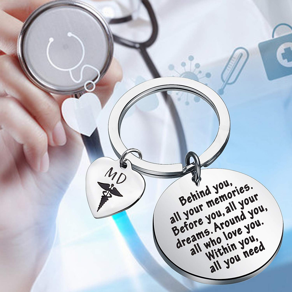FEELMEM MD Keychain Future Medical Doctor Gifts Behind You All Your Memories Before You All Your Dreams Keychain Nursing Jewelry MD Gift Medical Student Graduation Gift (MD)
