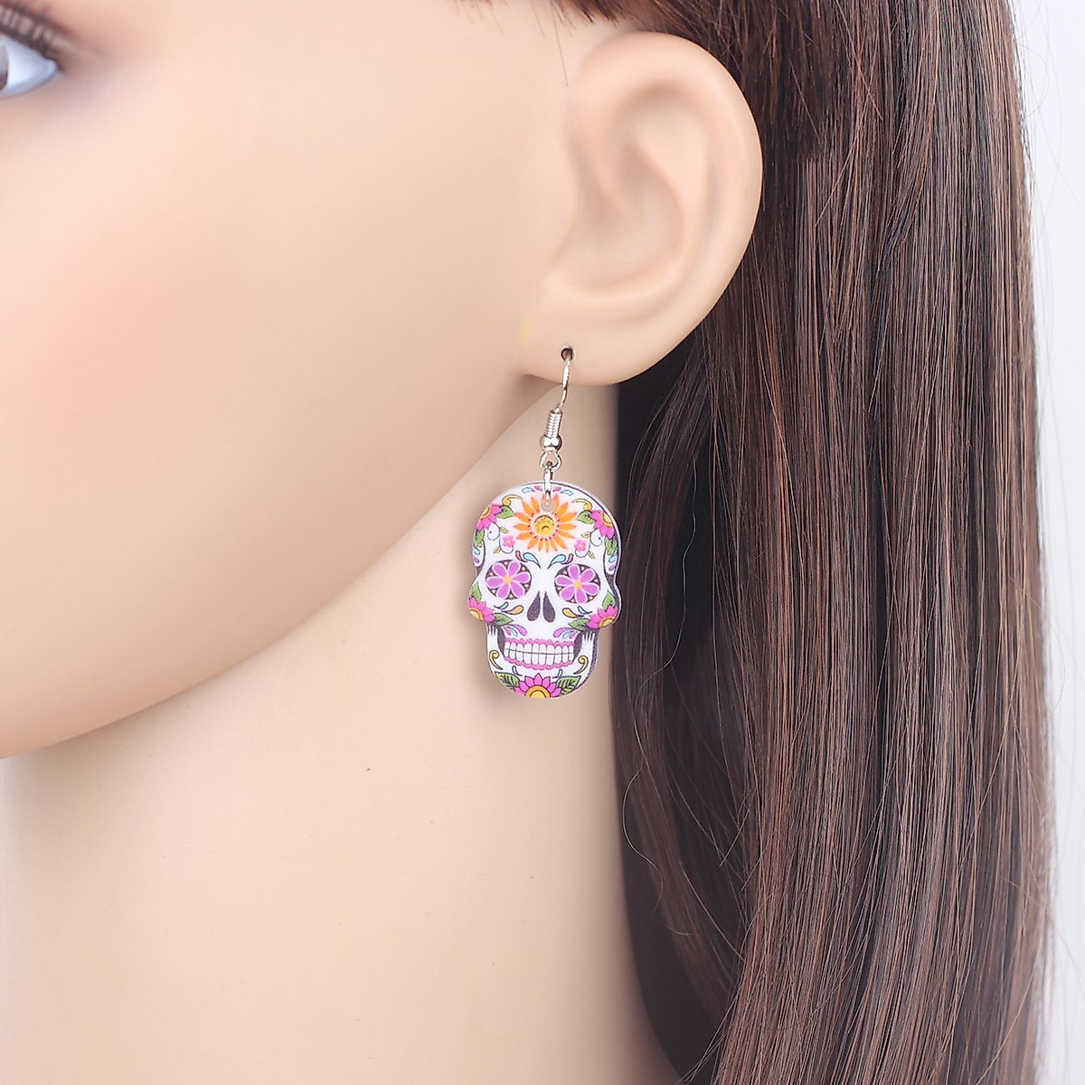 NEWEI Cute Halloween Sugar Skull Earrings Dangle Acrylic Skull Decor Gifts for Women Festival Charms (Purple)