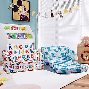 Costzon Kids Couch, 2 in 1 Flip Open Children's Sofa w/Velvet Fabric, Storage Pockets, Toddler Armrest Chair Bed for Nap Play Sleep, Ideal Gift for 0-4 Years Old Baby Boys Girls, Alphabet