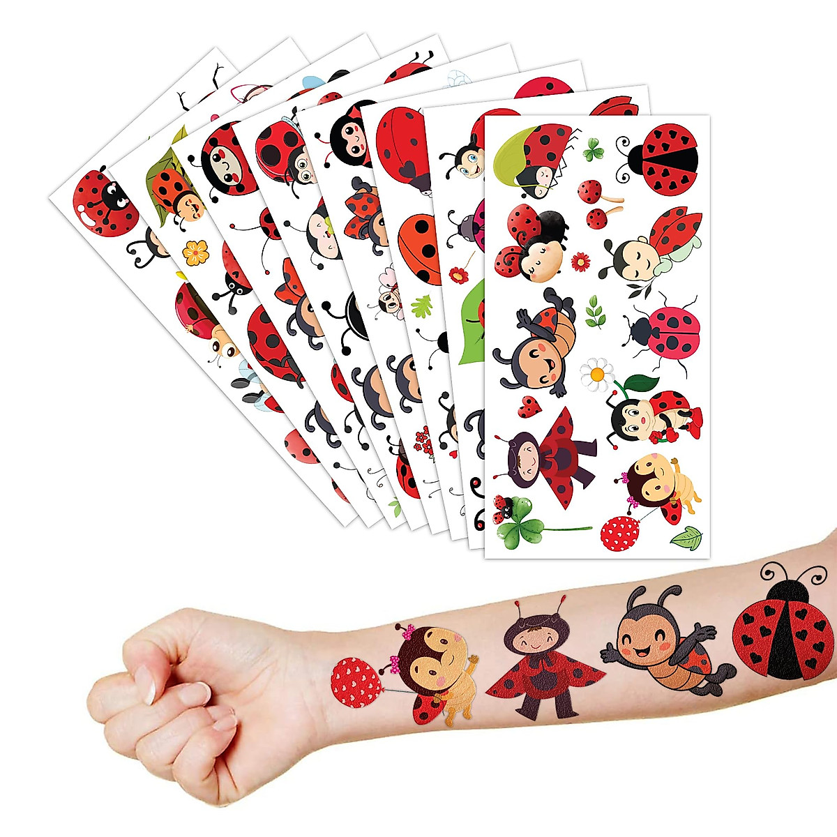 Ladybug Temporary Tattoos Sticker for Kids 8 Sheet (96 Pcs) Bug Themed Birthday Party Decorations Supplies Favors Gifts Ideas for Girls Boys Baby Showers Prizes Cute Beetle Tattoo Classroom Reward