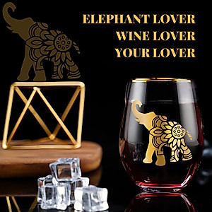 Onebttl Unique Elephant Gifts - Ethnic Mandala Elephant Stemless Wine Glass, Best for Elephant Lovers, Perfect with Red Wine Gin Cocktail Fizzy Drinks - Gold - for Birthday, Celebrations, Housewarming