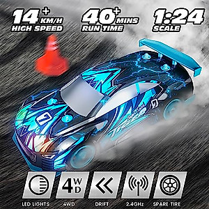 Tecnock Rc Drift Car for Kids, 2.4GHz 4WD Remote Control Car for Boys 8-12, 1/24 Rc Car with Lights and Replacement Tires, Toy Car Gifts for Boys Girls,Blue