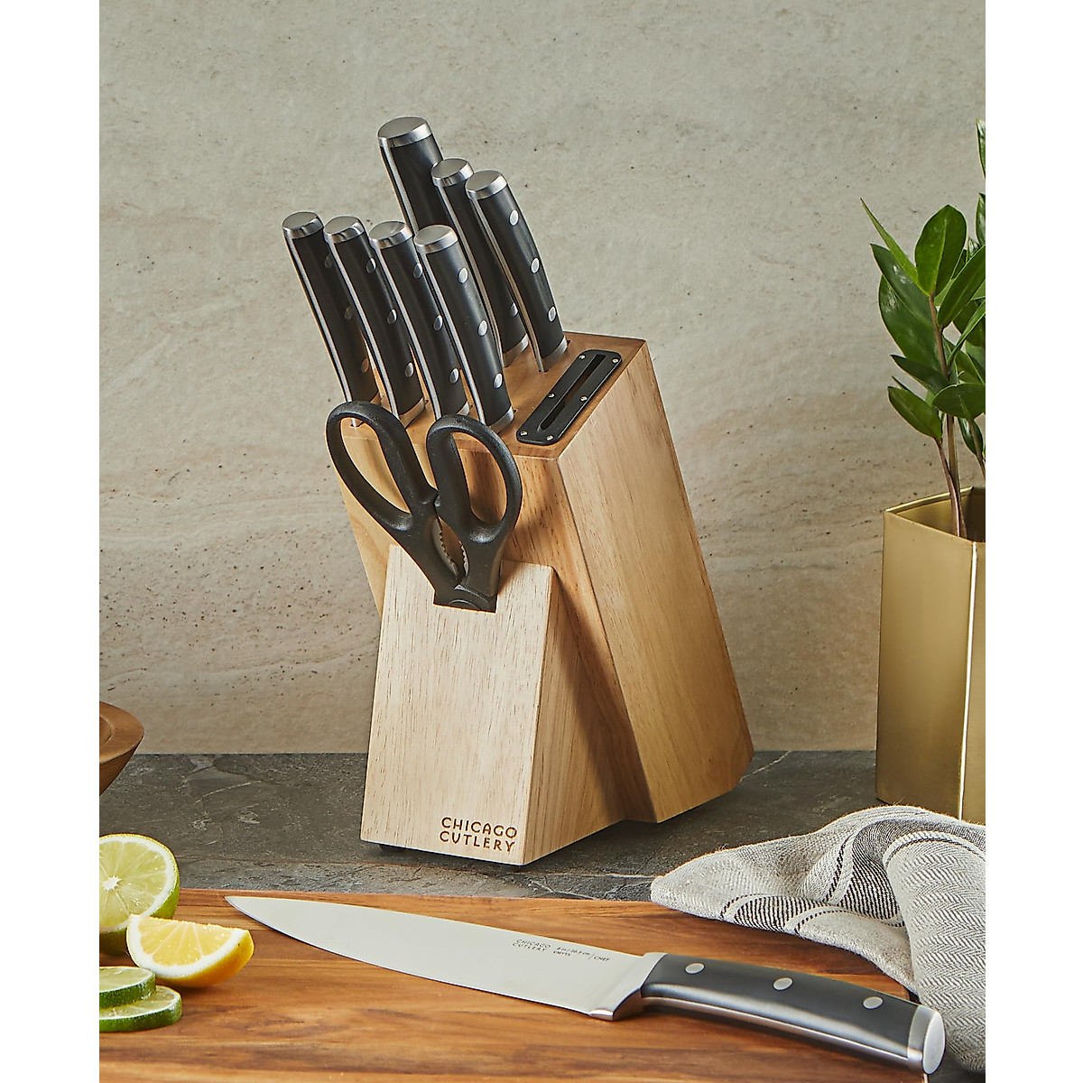 Chicago Cutlery Damen (10-PC) Built-In Sharpener Kitchen Knife Block Set with Steak Knives, Ergonomic Handles and Sharp Stainless Steel Professional Chef Knife Set